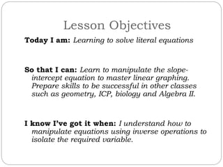 Inm literal equations solving for one variable | PPTX