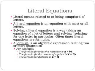 Inm literal equations solving for one variable | PPTX | Physics | Science