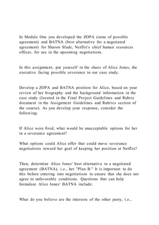 In Module One you developed the ZOPA (zone of possible agreement | DOCX