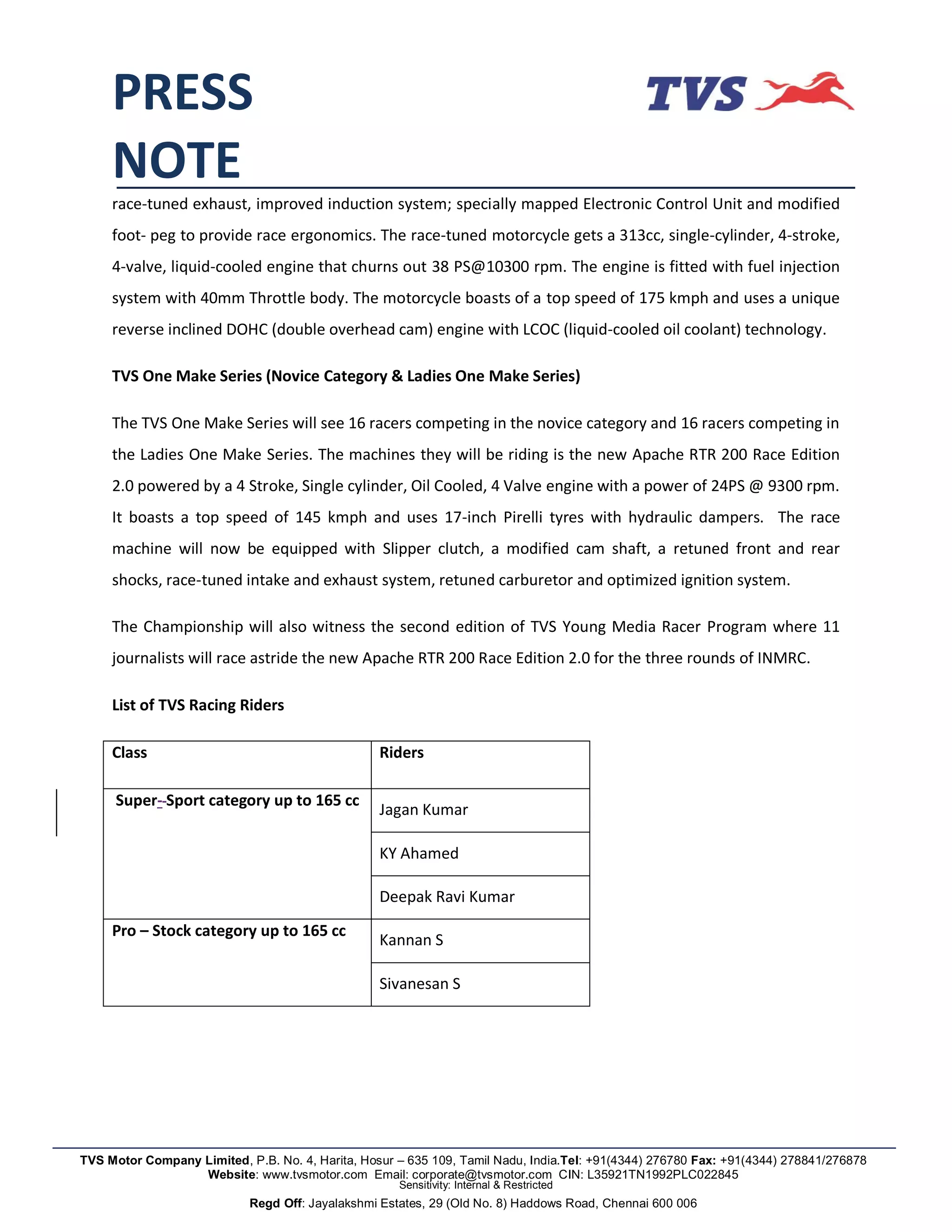 TVS Apache 310, 200 Race Ready INMRC 2018 | PDF