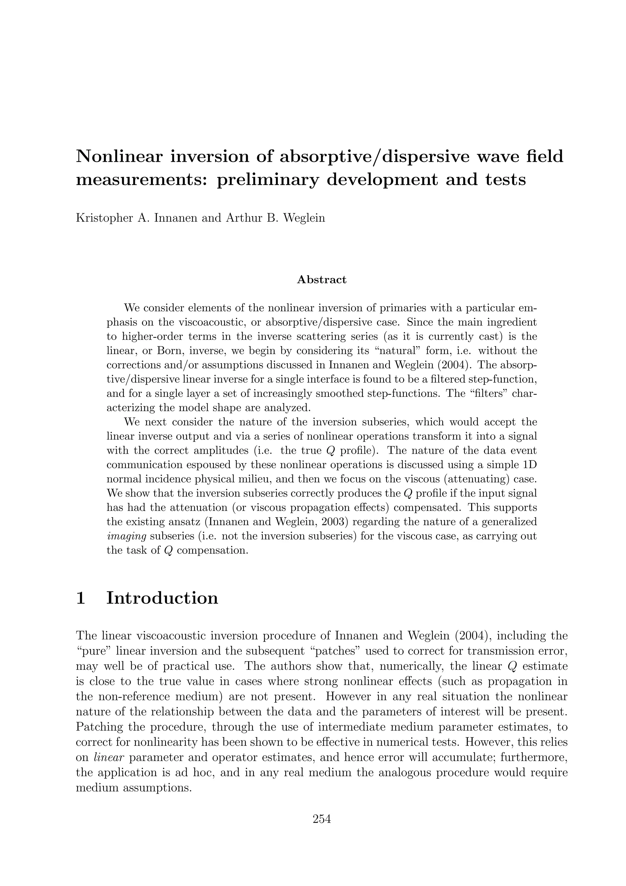 Nonlinear inversion of absorptive/dispersive wave field measurements: preliminary development ...