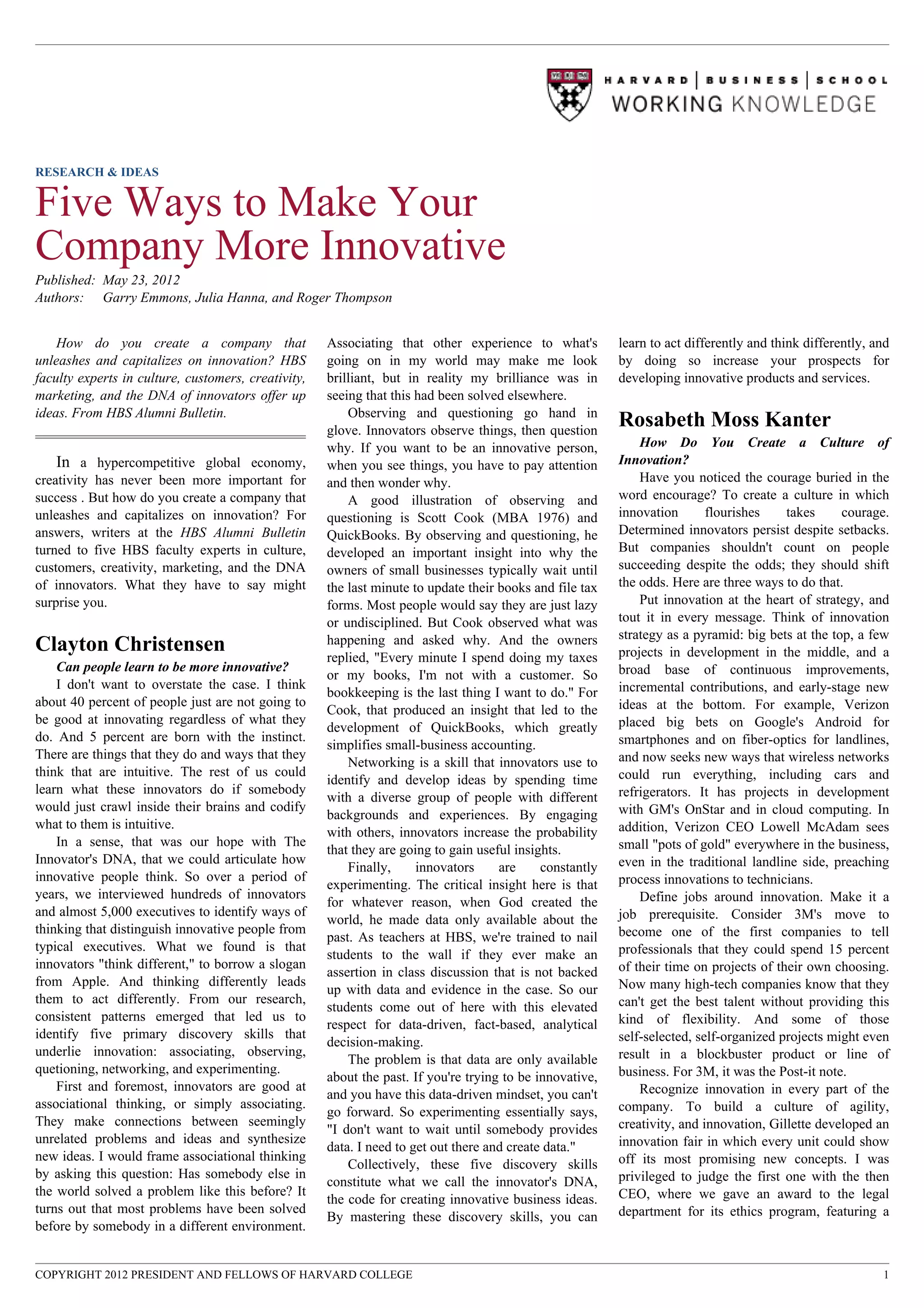 Harvard Business School: 5 Ways to Make Your Company More Innovative | PDF
