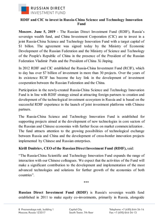 RDIF and CIC to invest in Russia-China Science and Technology ...