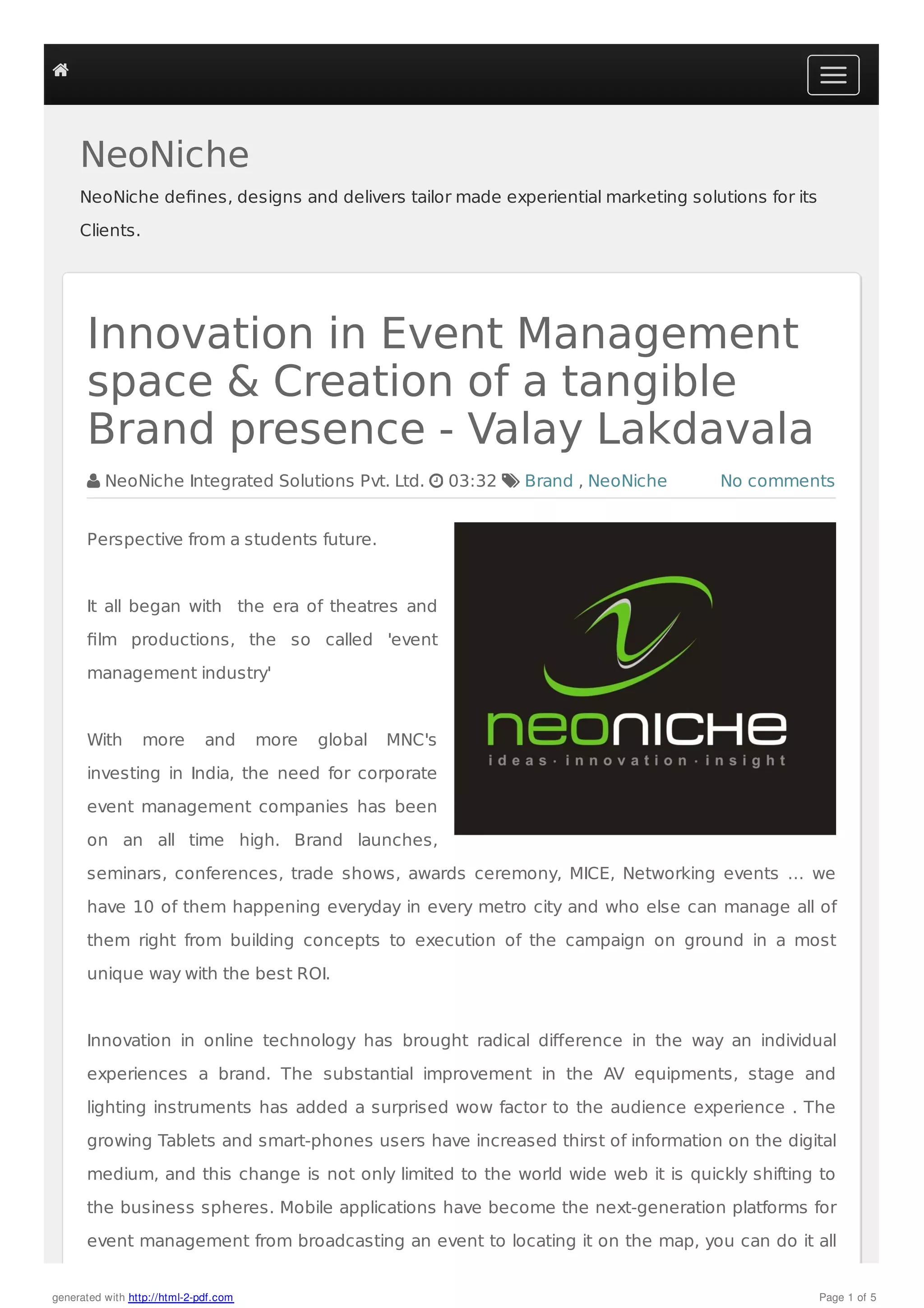 Innovation in event management space & creation of a tangible brand ...