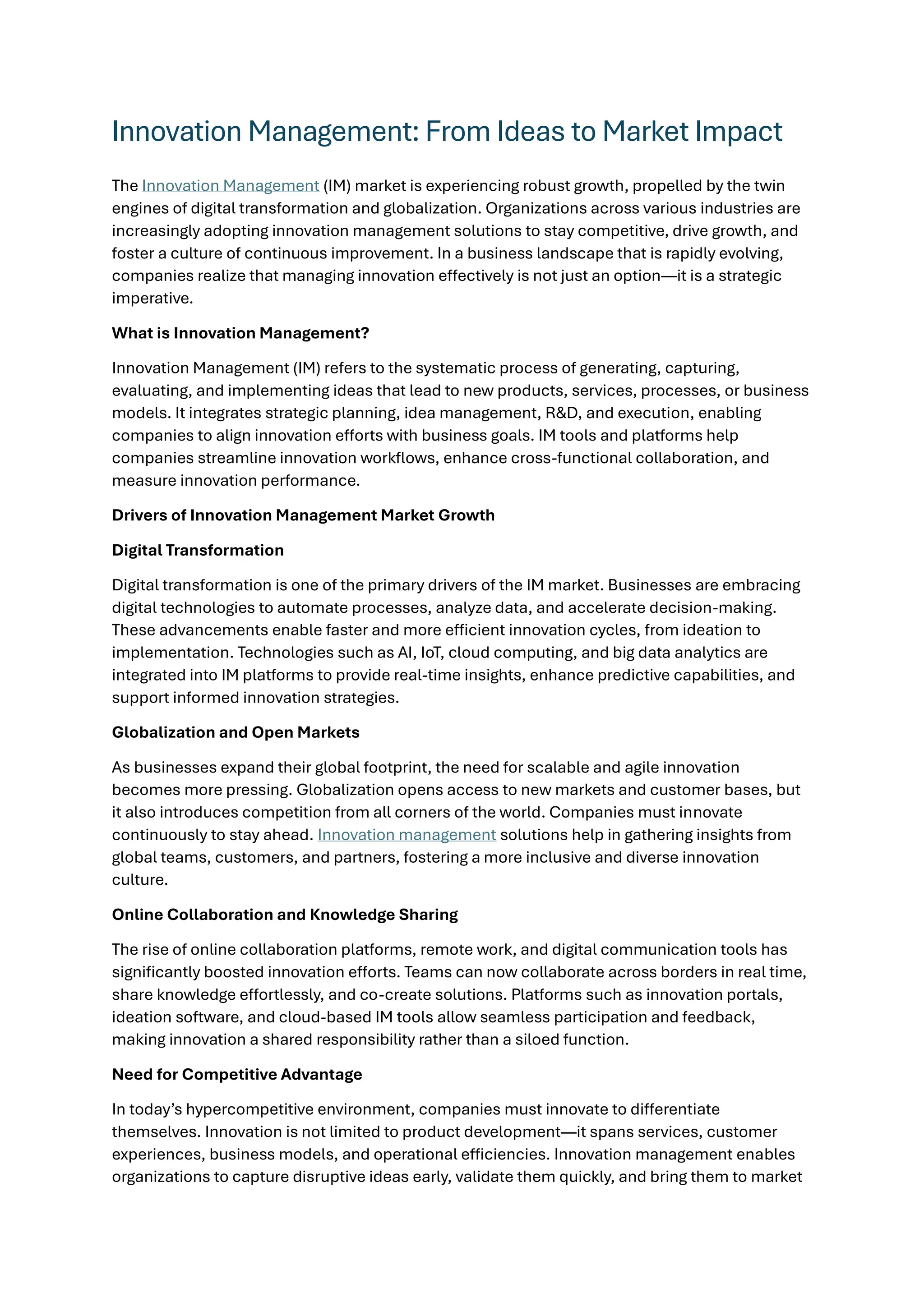 Innovation Management: From Ideas to Market Impact | PDF