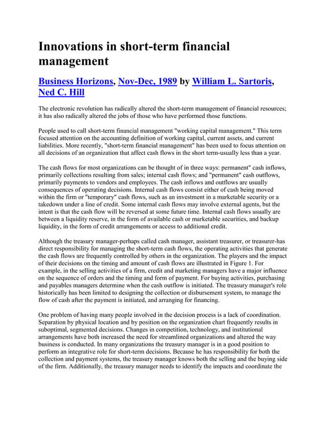 Innovations in Short-term Financial Management | PDF
