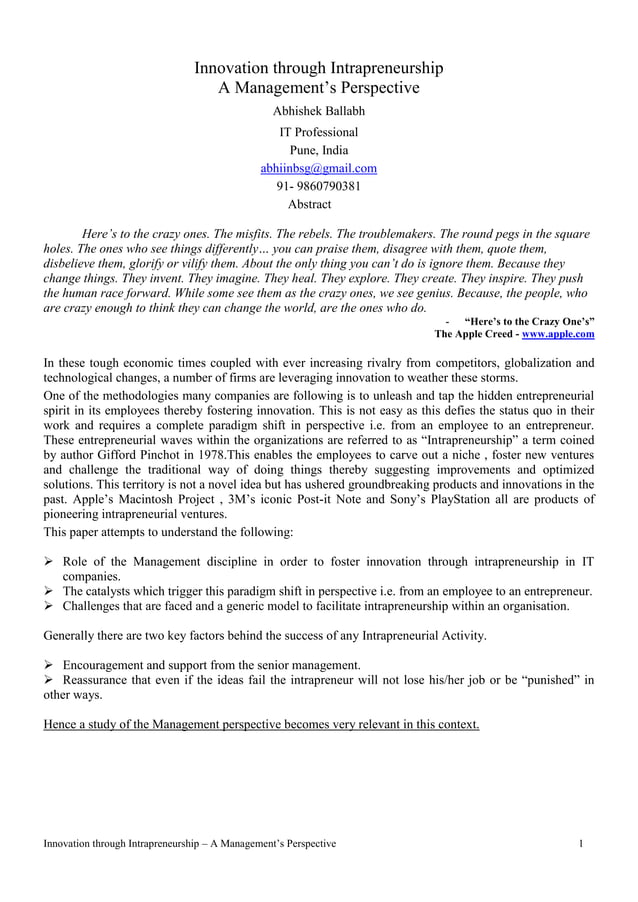 Innovation through intrapreneurship | PDF