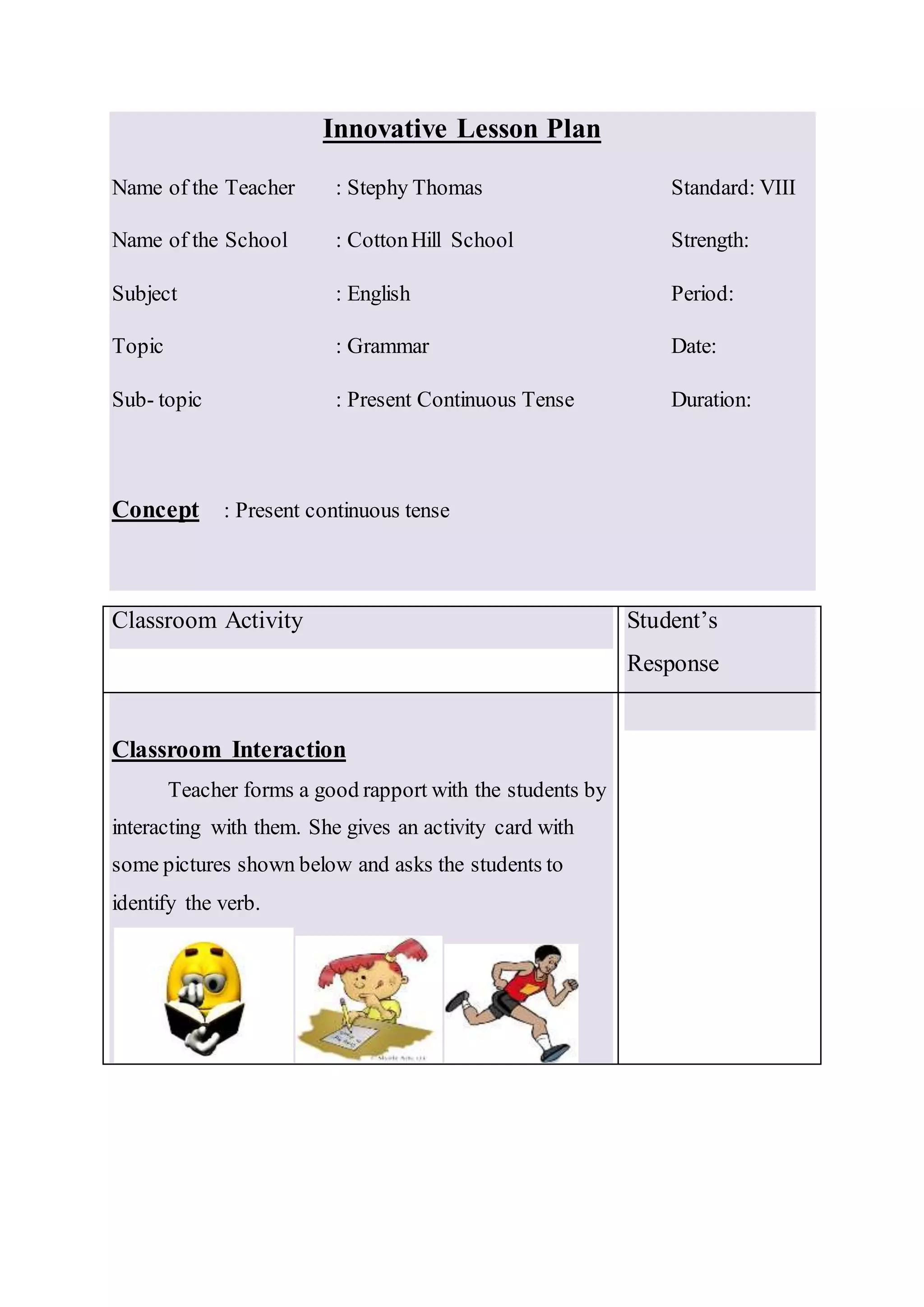 Innovative Lesson Plan on Present Continuous Tense | DOCX