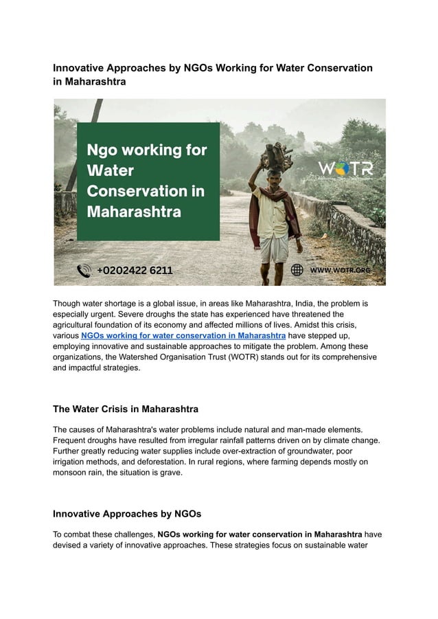 Innovative Approaches by NGOs Working for Water Conservation in ...