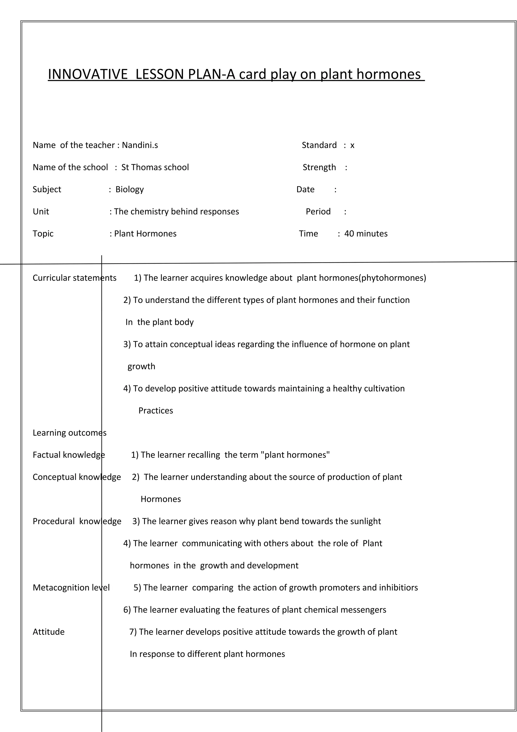 Innovative lesson plan -a card play on plant hormones | DOC