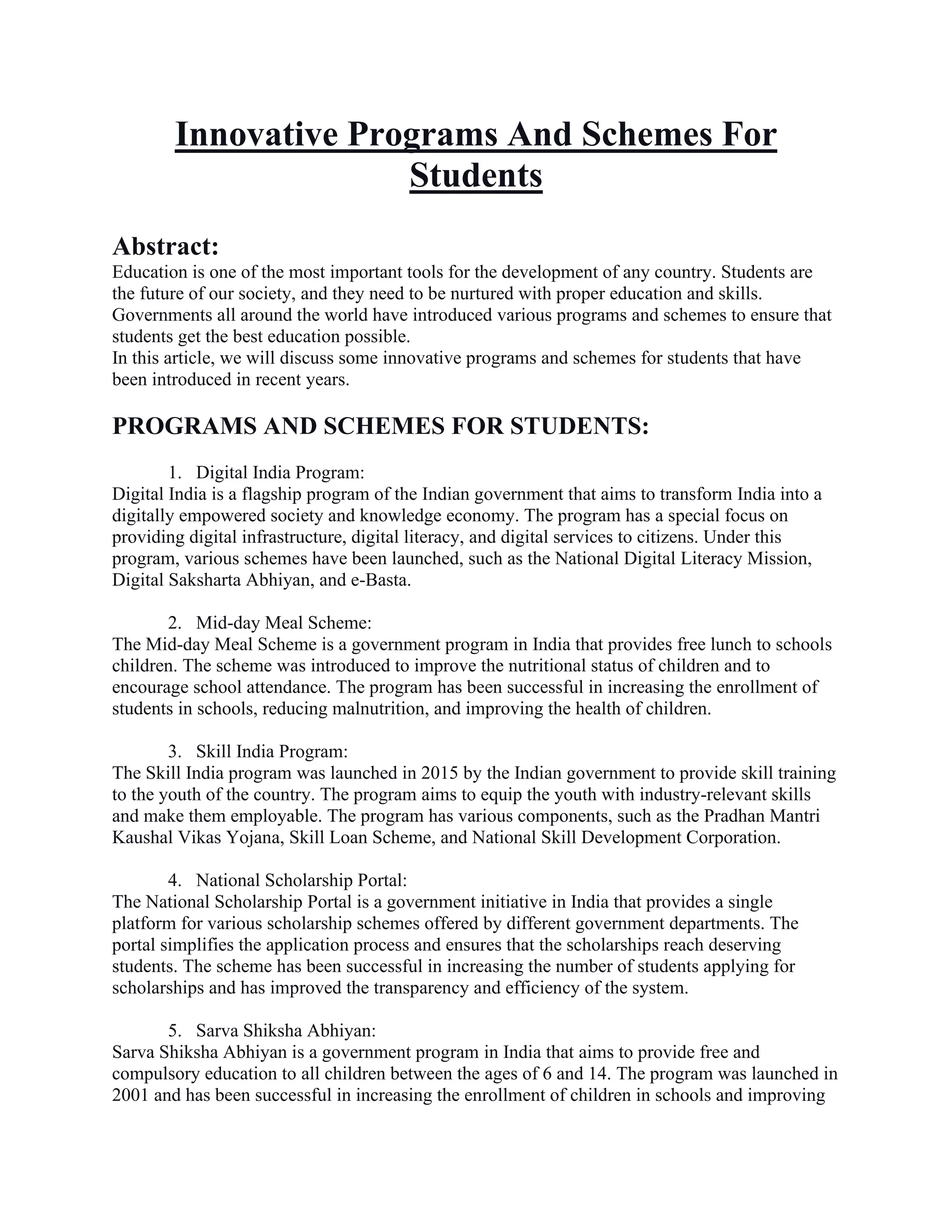 Innovative Programs And Schemes For Students | PDF | Undergraduate ...