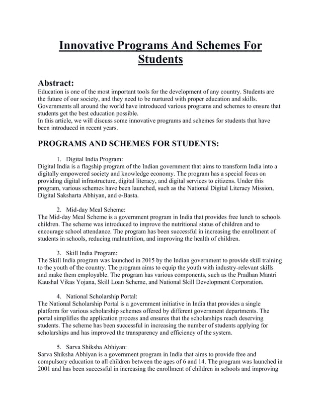 Innovative Programs And Schemes For Students | PDF