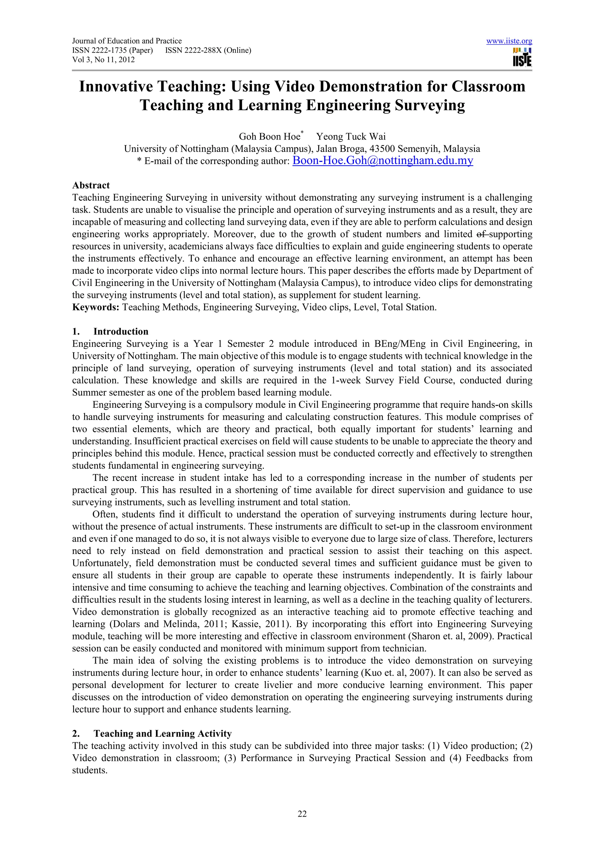 Innovative teaching using video demonstration for classroom teaching ...