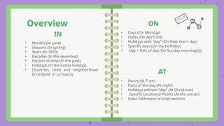 Prepositions of time and place at in on in English | PPTX