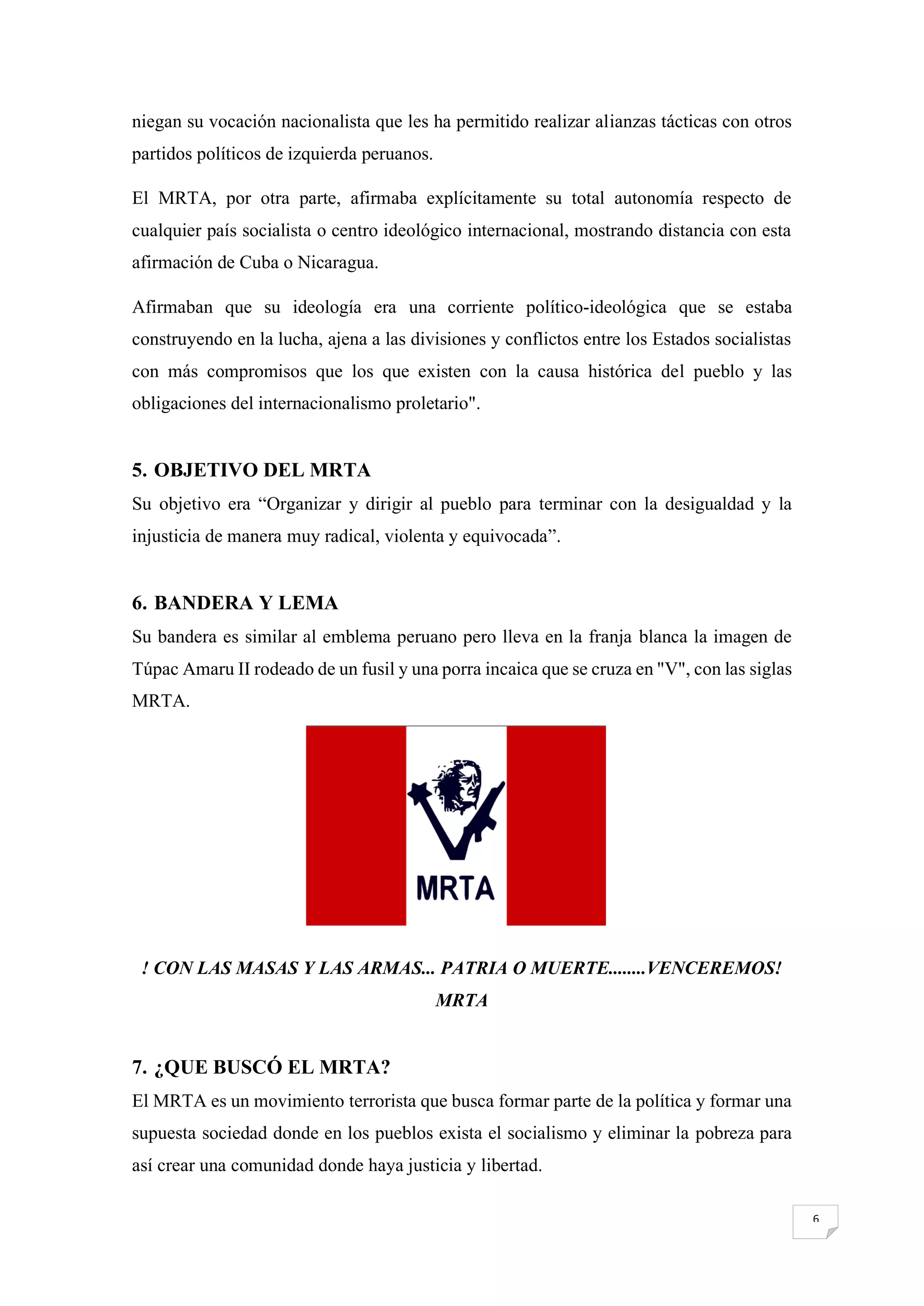 MOVIMIENTO REVOLUCIONARIO TÚPAC AMARU (MRTA)-INORME ACADEMICO | PDF