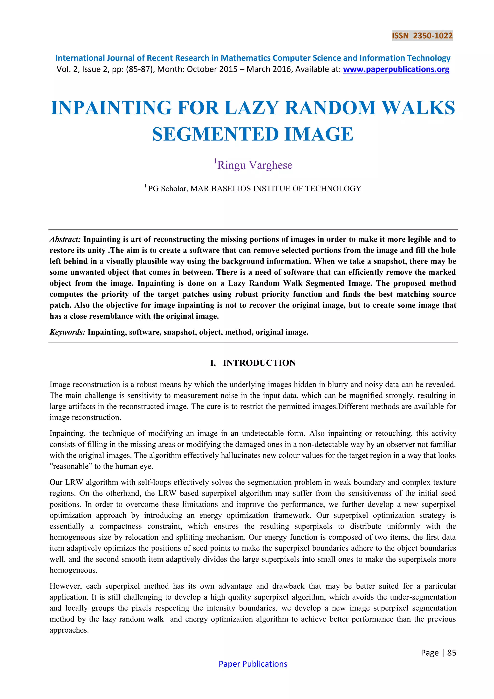 INPAINTING FOR LAZY RANDOM WALKS SEGMENTED IMAGE | PDF
