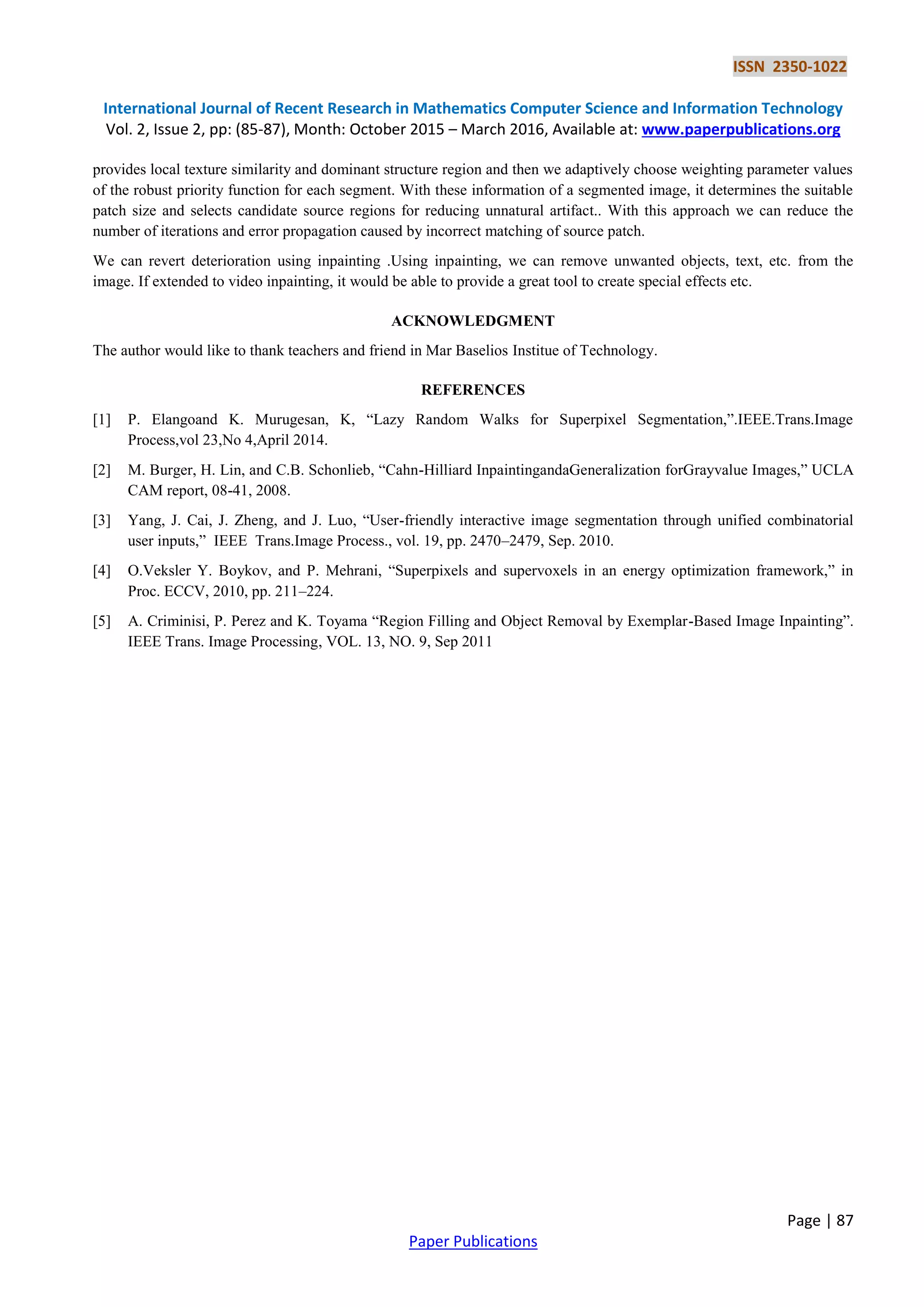 INPAINTING FOR LAZY RANDOM WALKS SEGMENTED IMAGE | PDF