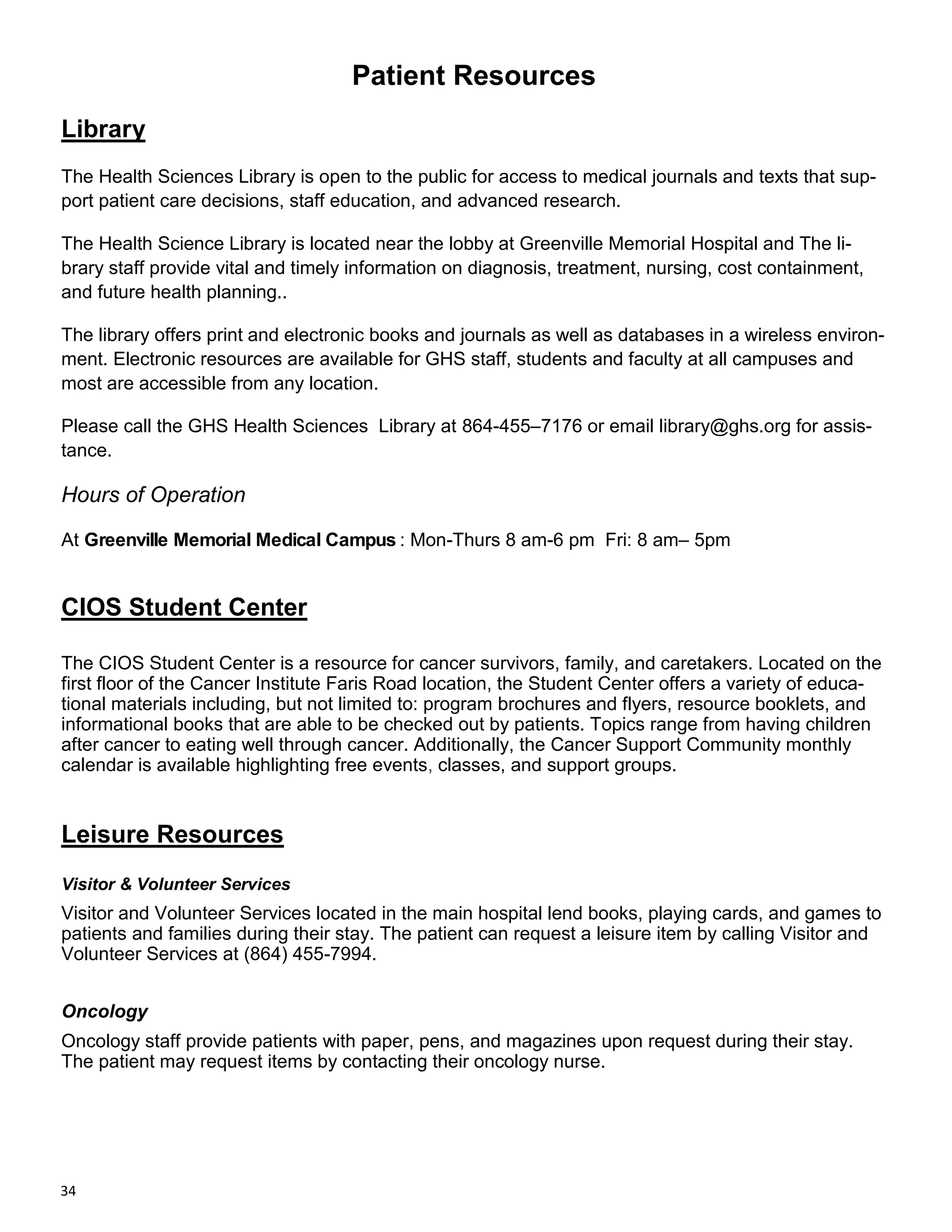 GHS Oncology Inpatient Guide 4.25.17