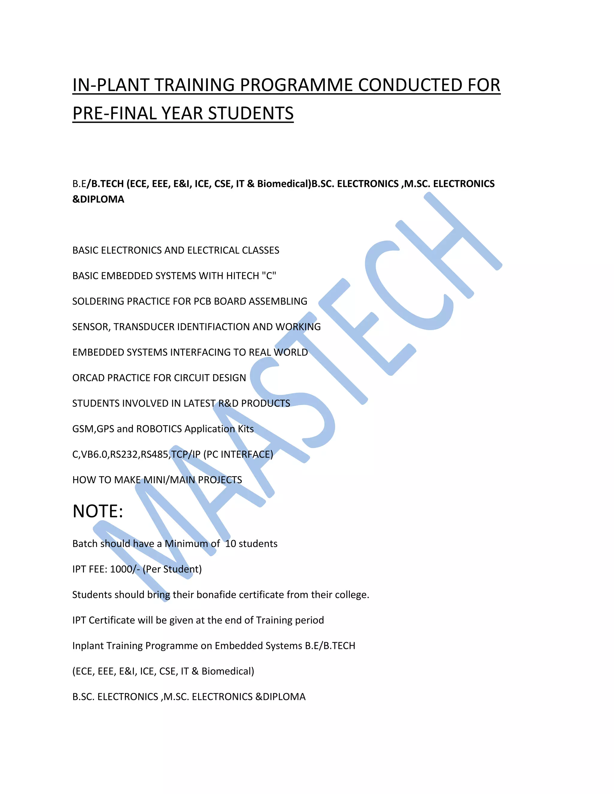 IPT-INPLANT TRAINING IN CHENNAI FOR ECE/EEE/E&I/CSE/IT-BIOMEDICAL | DOCX