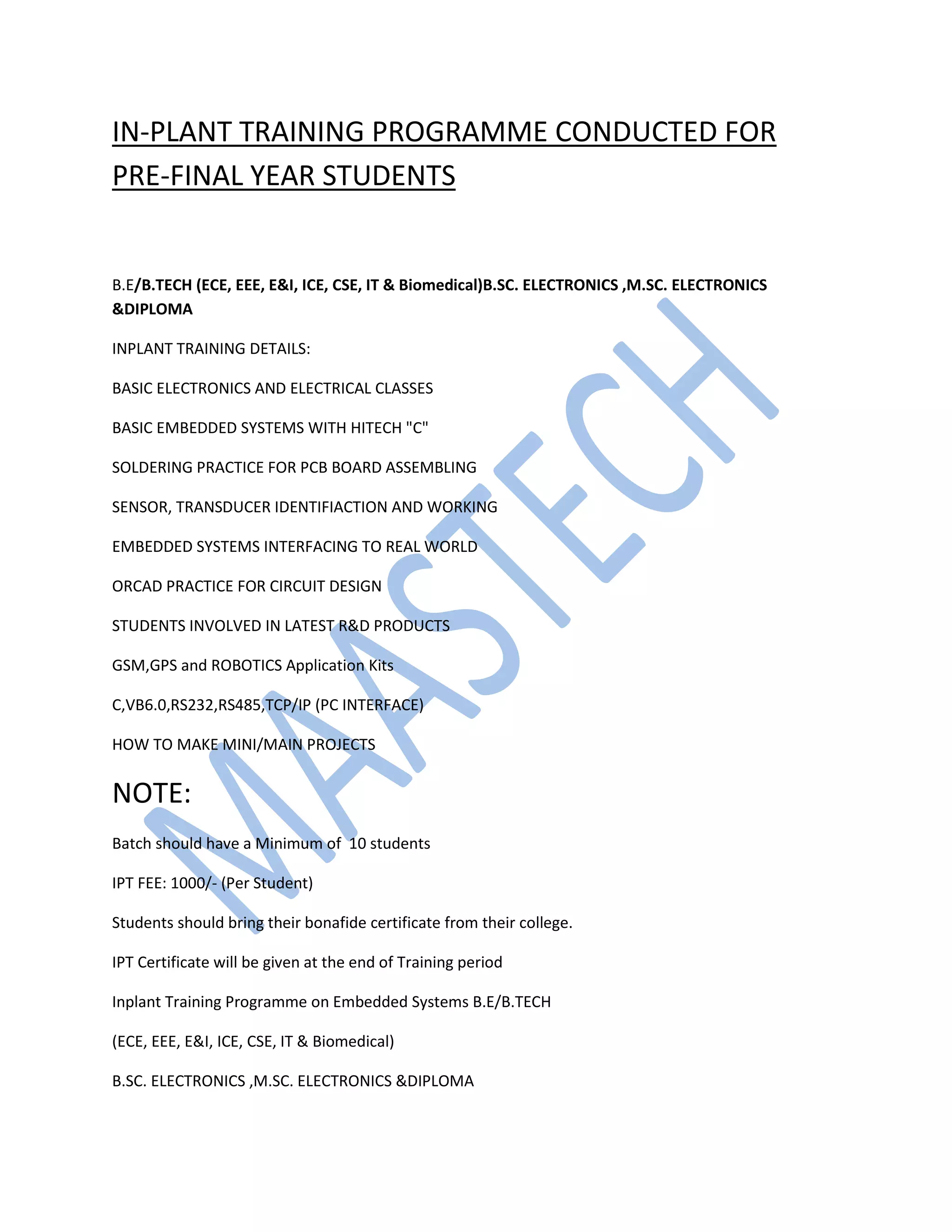 EMBEDDED SYSTEMS-INPLANT TRAINING-PRACTICAL TRAINING IN CHENNAI | PDF