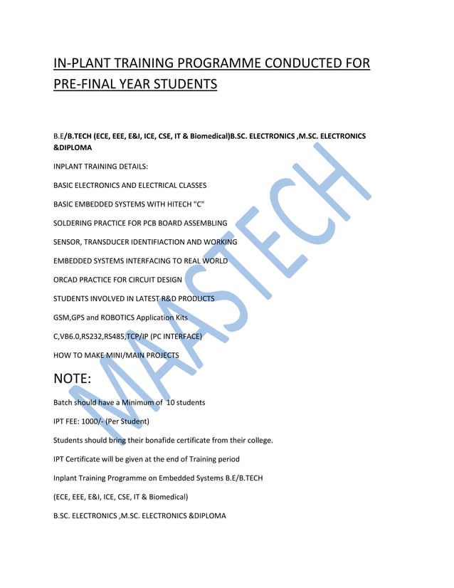 INPLANT TRAINING-INTERNSHIP PRACTICAL TRAINING ECE/CSE/IT/EEE | PDF