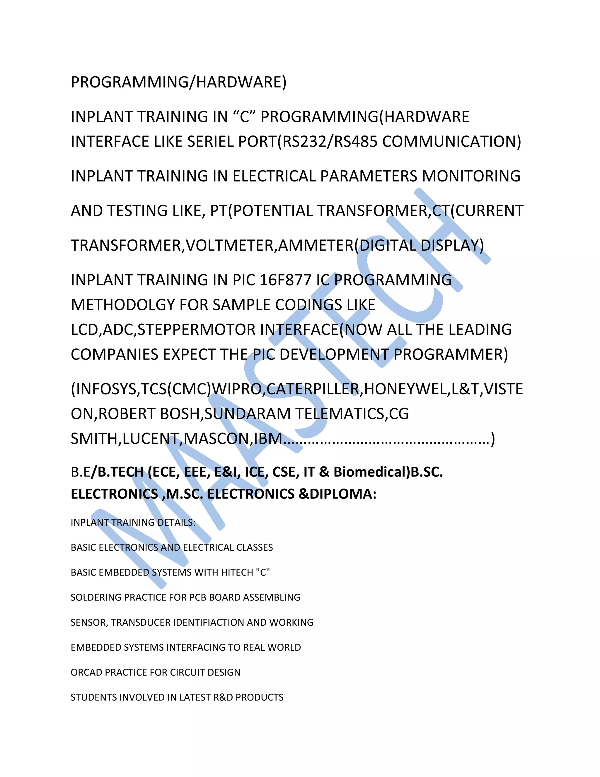 IPT:INPLANT TRAINING(IPT) FOR CSE STUDENTS/IT STUDENTS, | DOCX