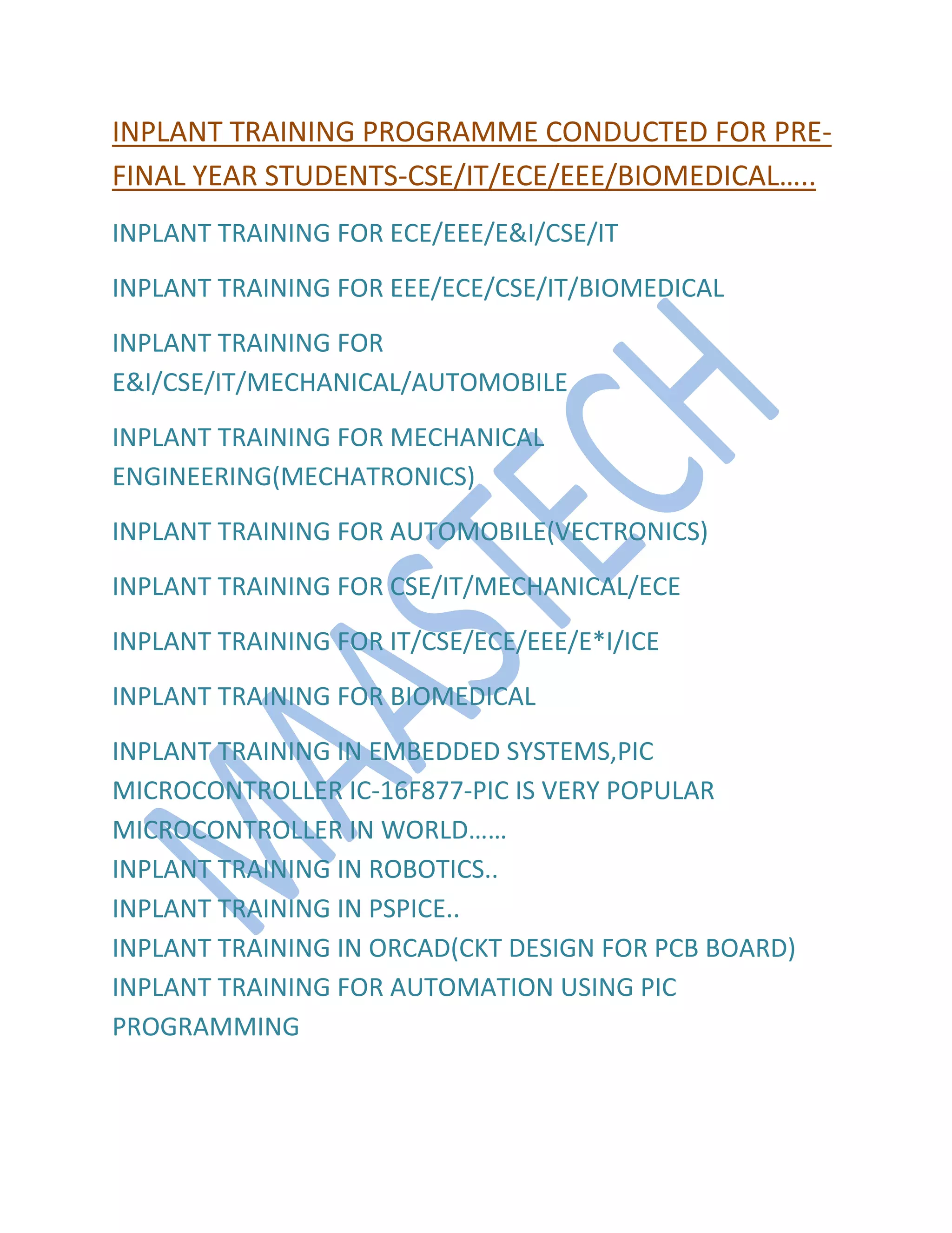 INPLANT TRAINING FOR 3RD YEAR STUDENTS-ECE/EEE/E&I/ICE/ETE-MAASTECH | DOCX