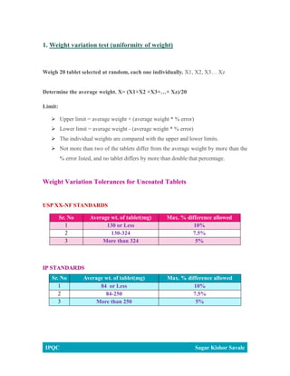 In Process Quality Control Tests (IPQC) for Solid Dosage From | PDF