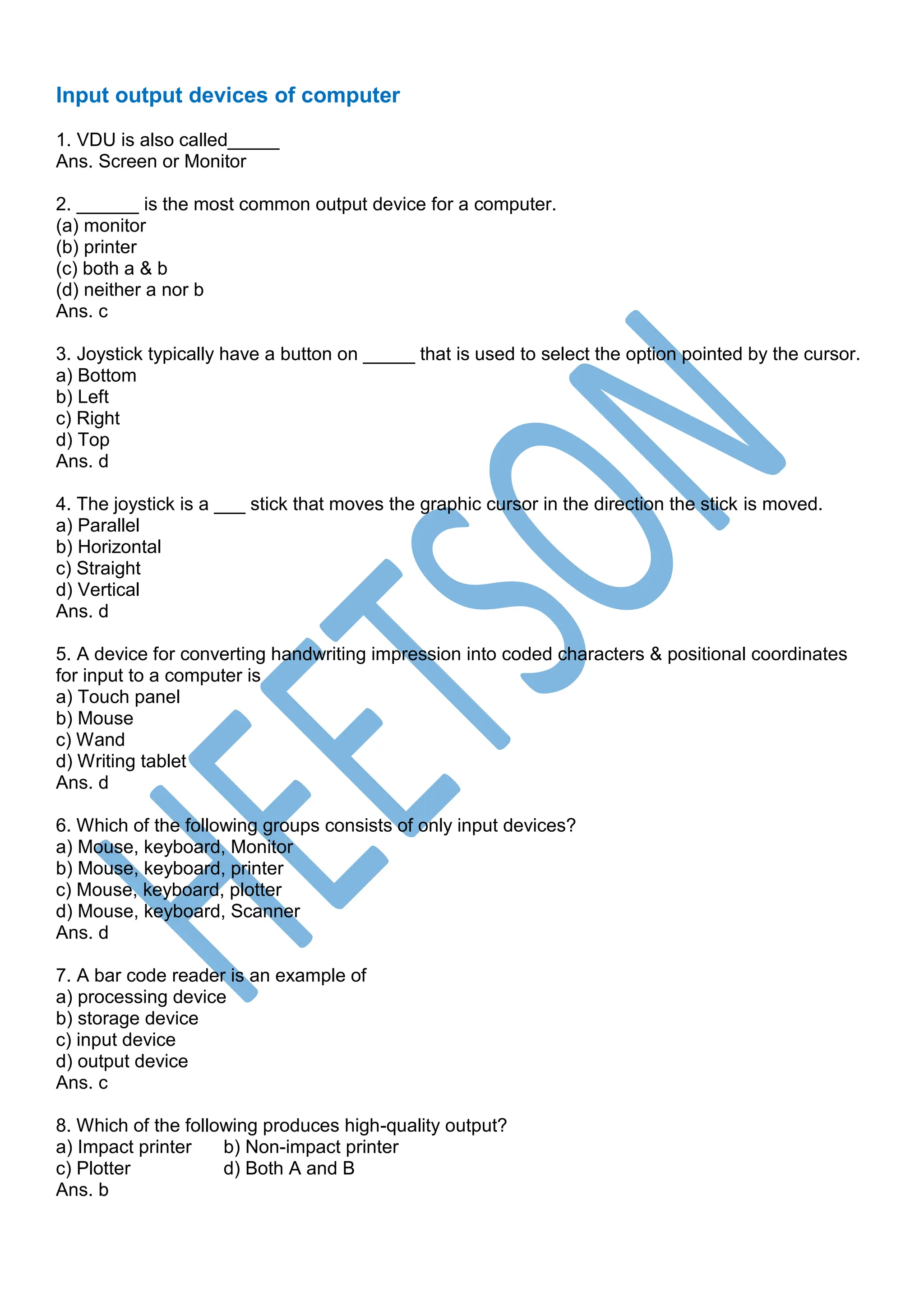 Computer Input And Output Device Mcq Question Pdf Computer 2879