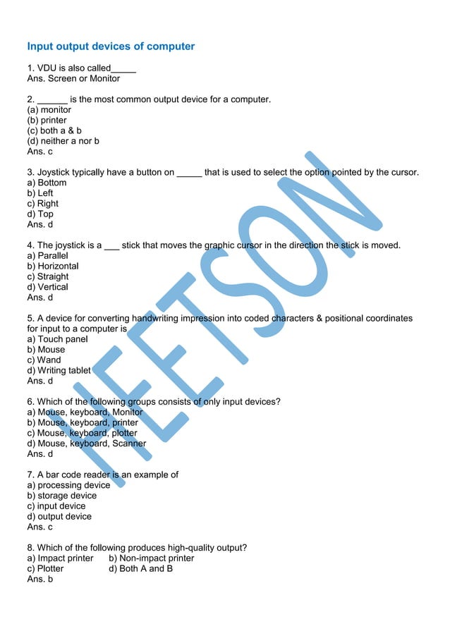 Computer Input and Output Device MCQ Question | PDF | Computer Peripherals | Computing