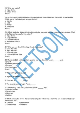 Computer Input and Output Device MCQ Question | PDF