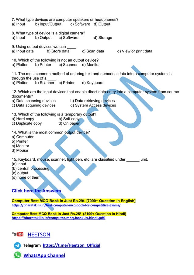 Computer Input And Output Device Mcq Question Pdf Computer