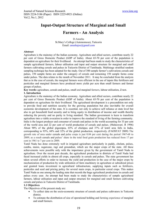 Input output structure of marginal and small farmers an analysis | PDF