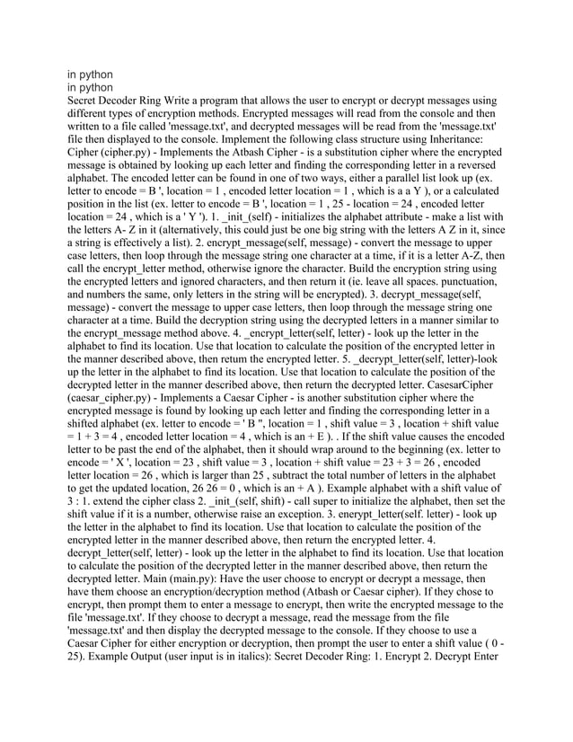 In Python In Python Secret Decoder Ring Write A Program That Allowspdf Programming Languages