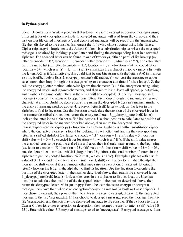 In Python Please Secret Decoder Ring Write A Program That Allows Thepdf