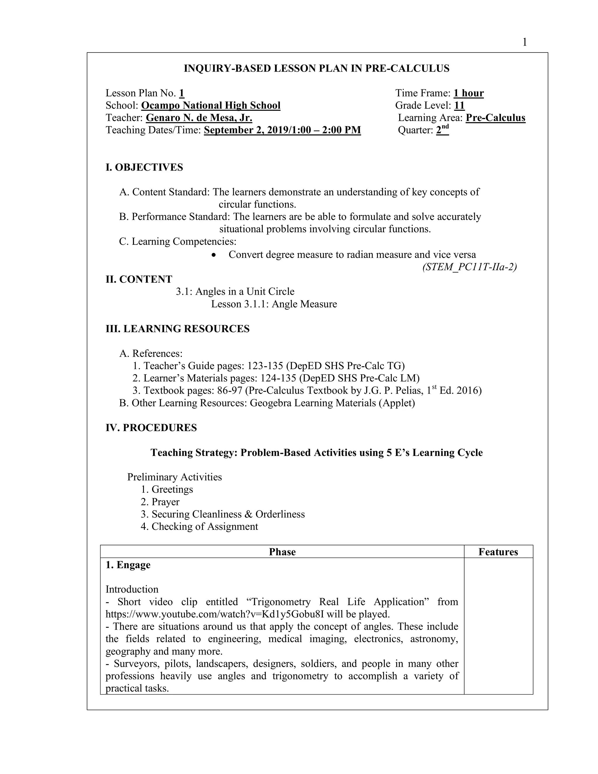 Inquiry-Based Lesson Plans in Pre-Calculus for Senior High School | PDF