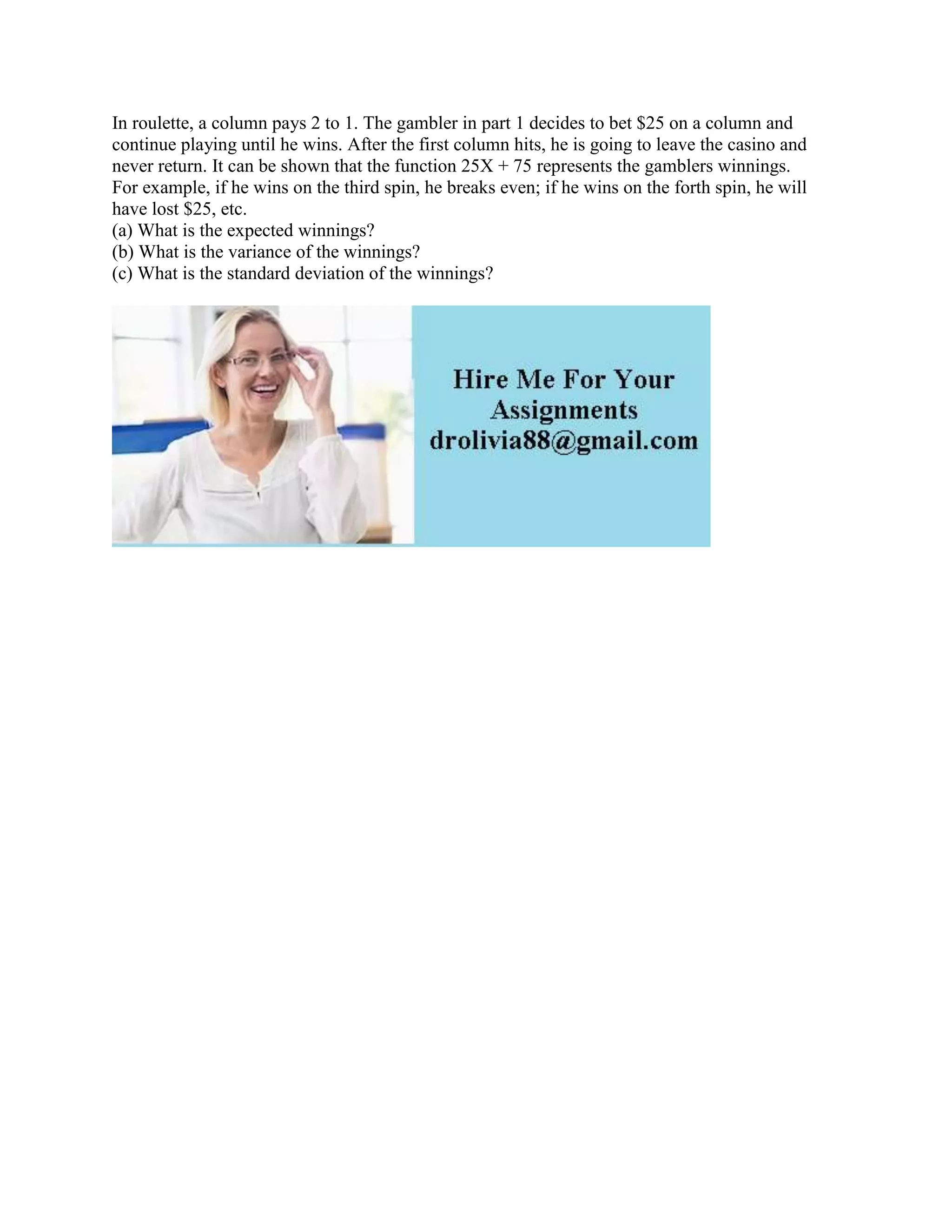 Roulette column betting strategy expected winnings variance standard ...