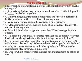 Introduction to management, functions of management, levels of ...
