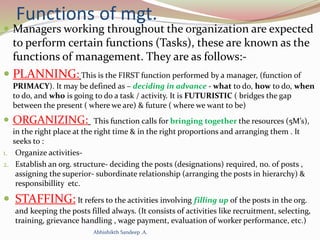 Introduction to management, functions of management, levels of ...