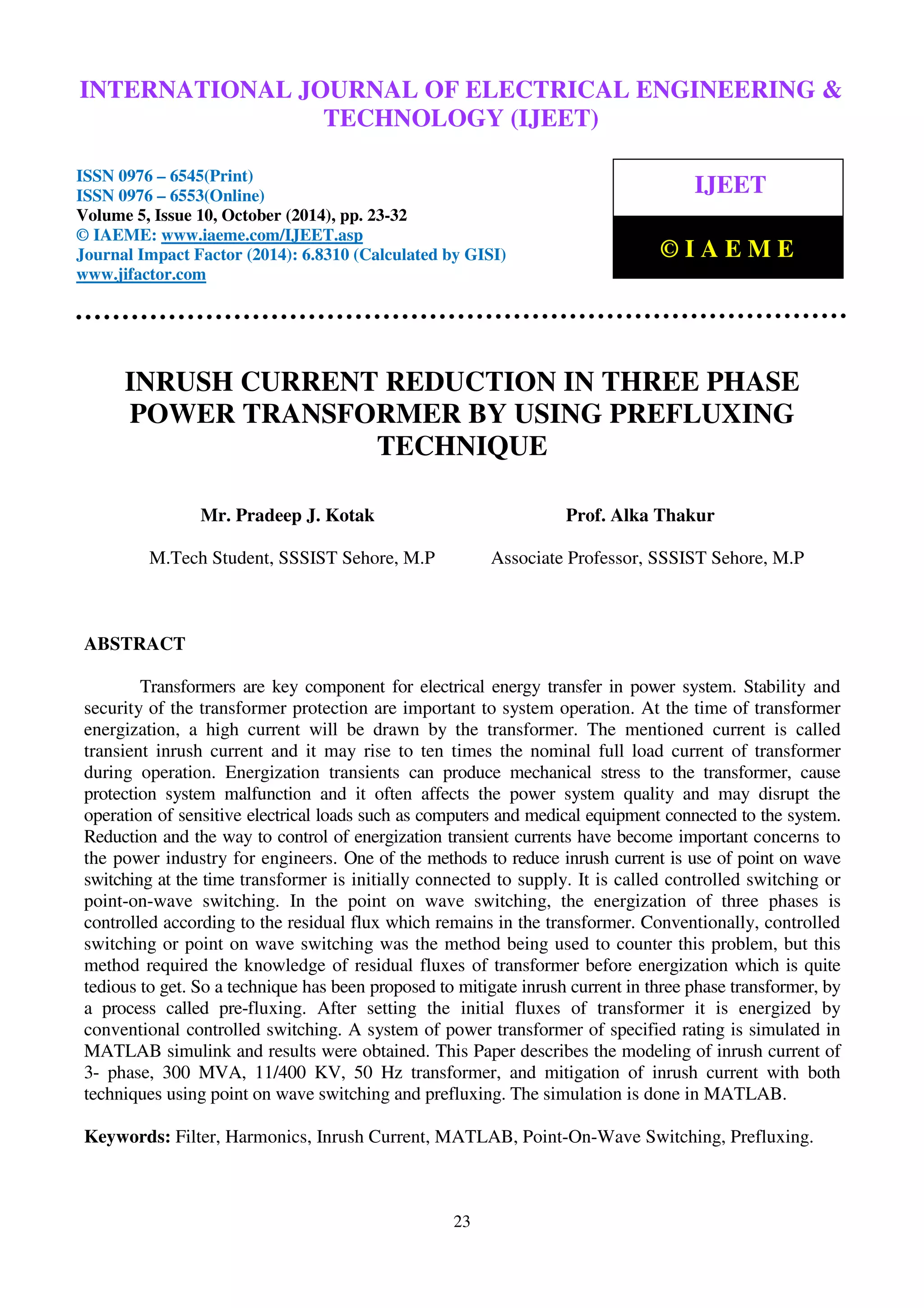 Inrush current reduction in three phase power transformer by using ...