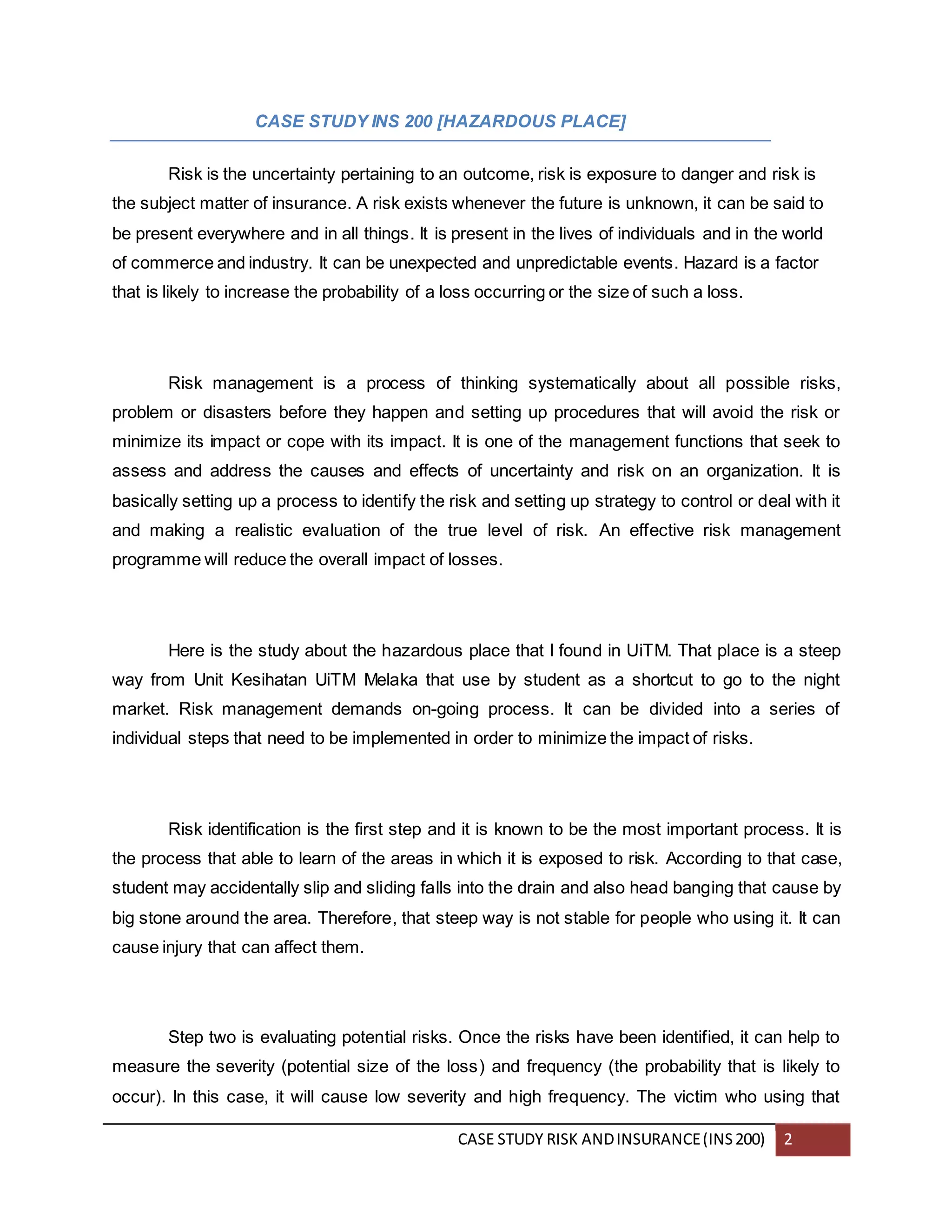 CASE STUDY RISK AND INSURANCE | DOCX