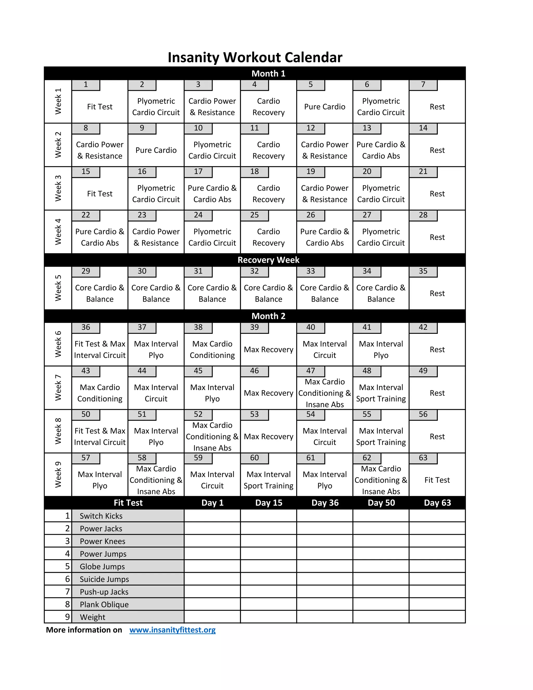 Insanity Workout Calendar | PDF