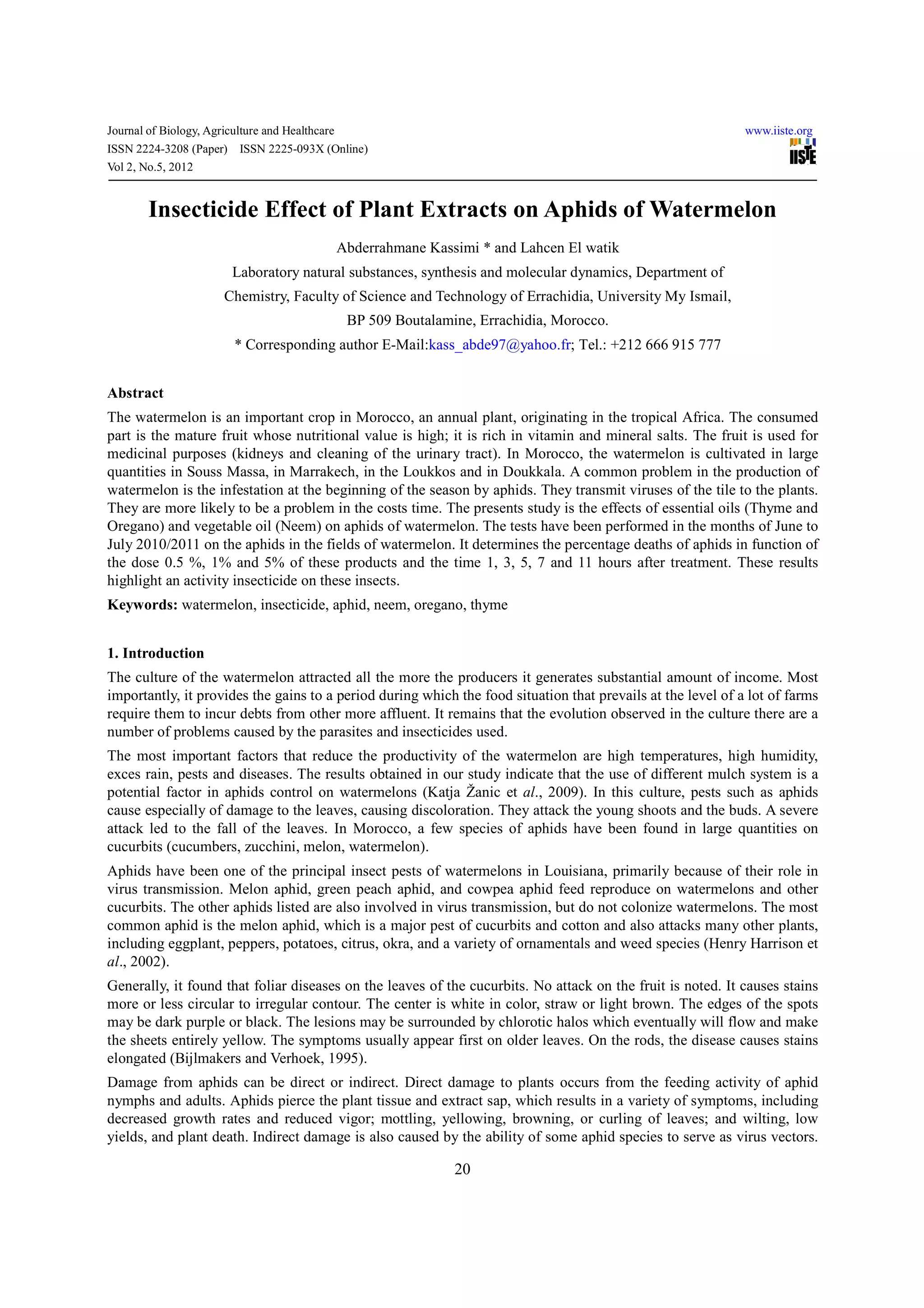 Insecticide effect of plant extracts on aphids of watermelon | PDF