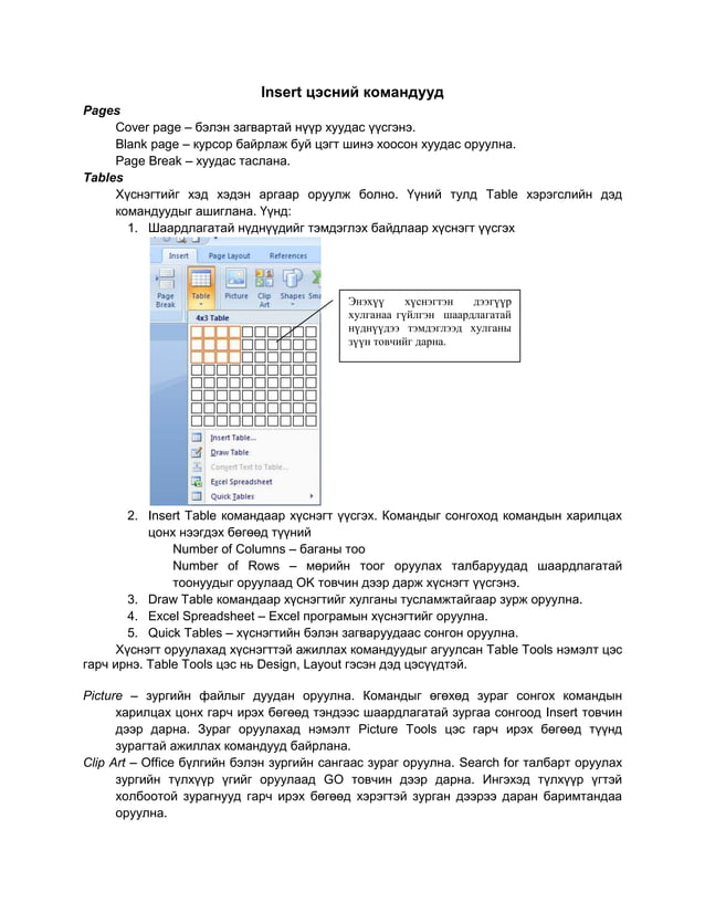 Insert цэсний командууд | DOCX