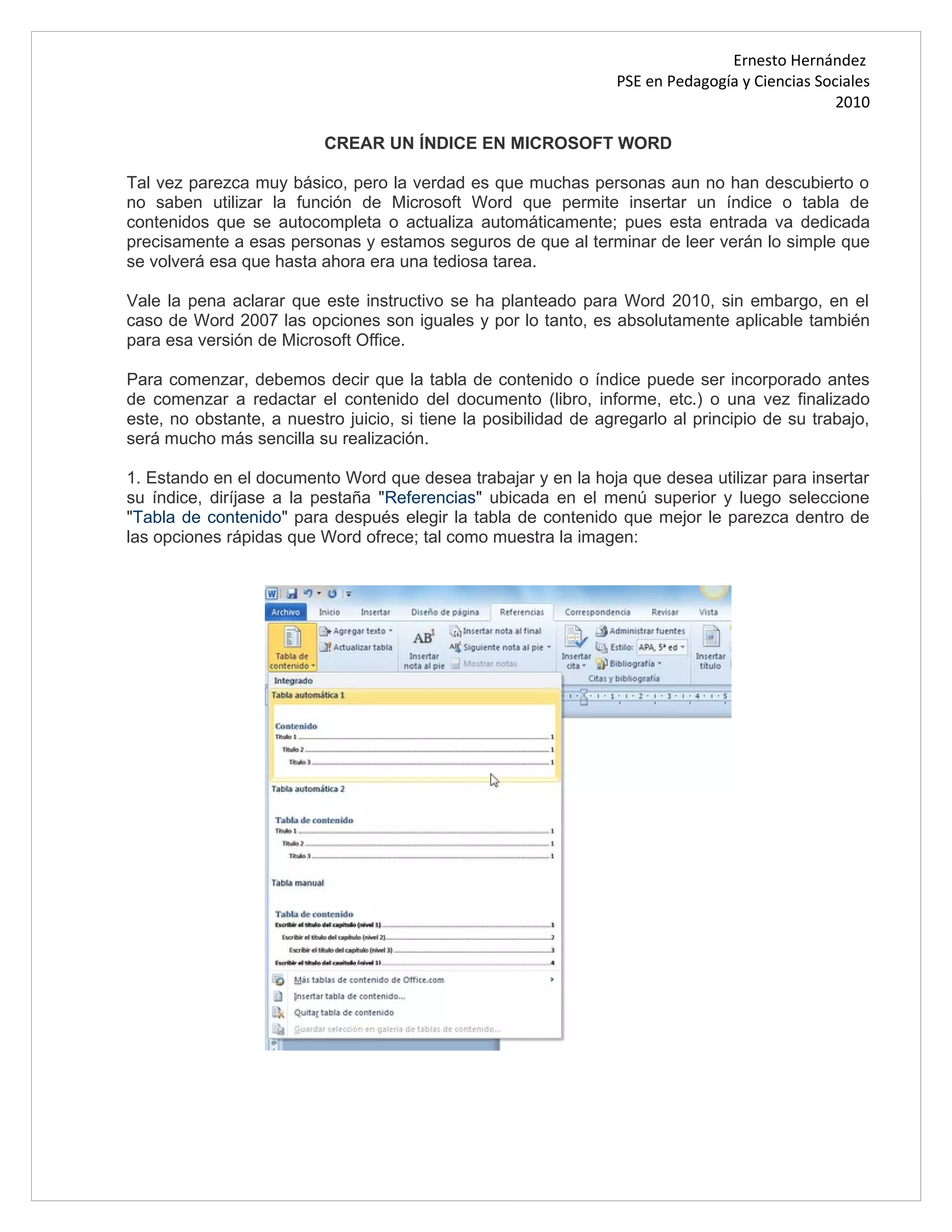 Insertar índice en microsoft word | PDF
