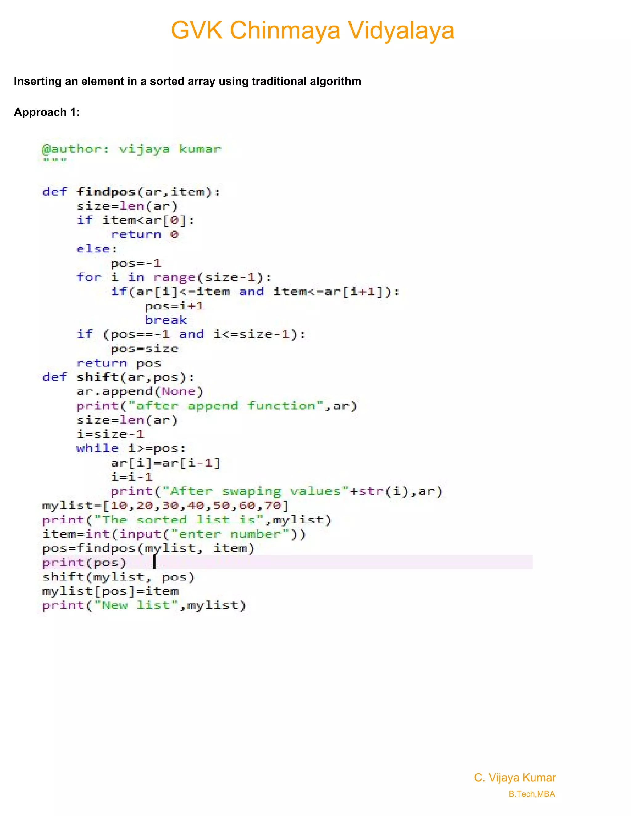 Inserting An Element In A Sorted Array Using Traditional Algorithm Pdf