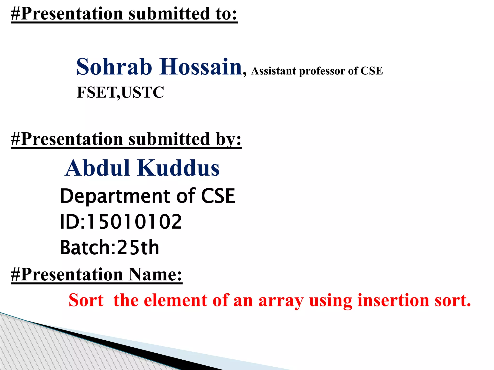 Insertion Sort Algorithm Power Point Presentation Ppt 7283