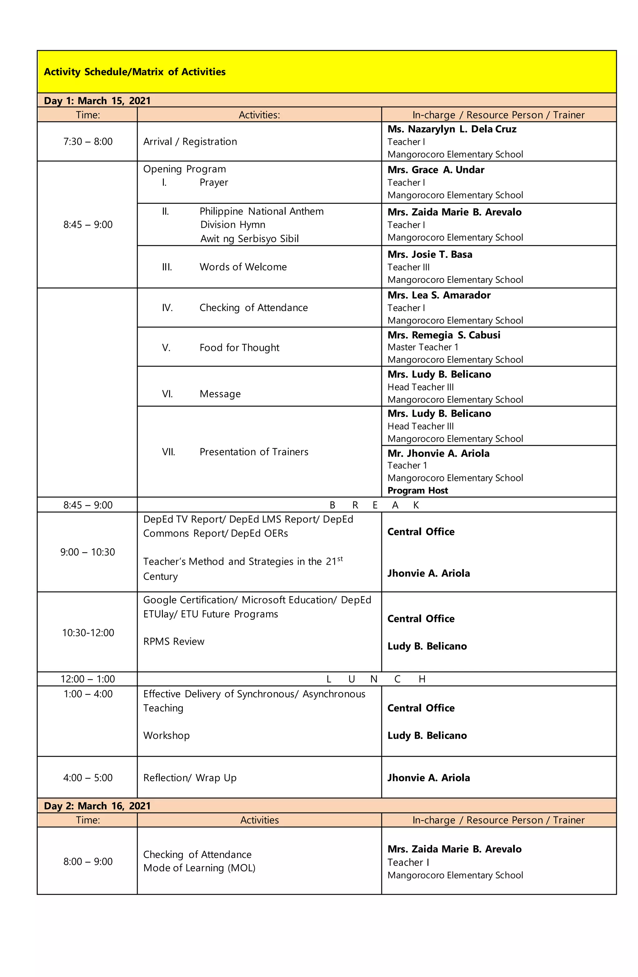 In-Service Training for Teachers, March 2021 | DOCX