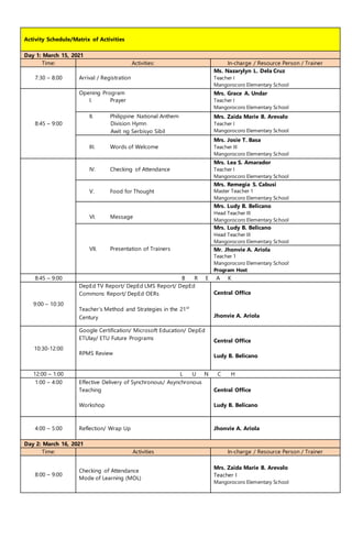 In-Service Training for Teachers, March 2021 | DOCX