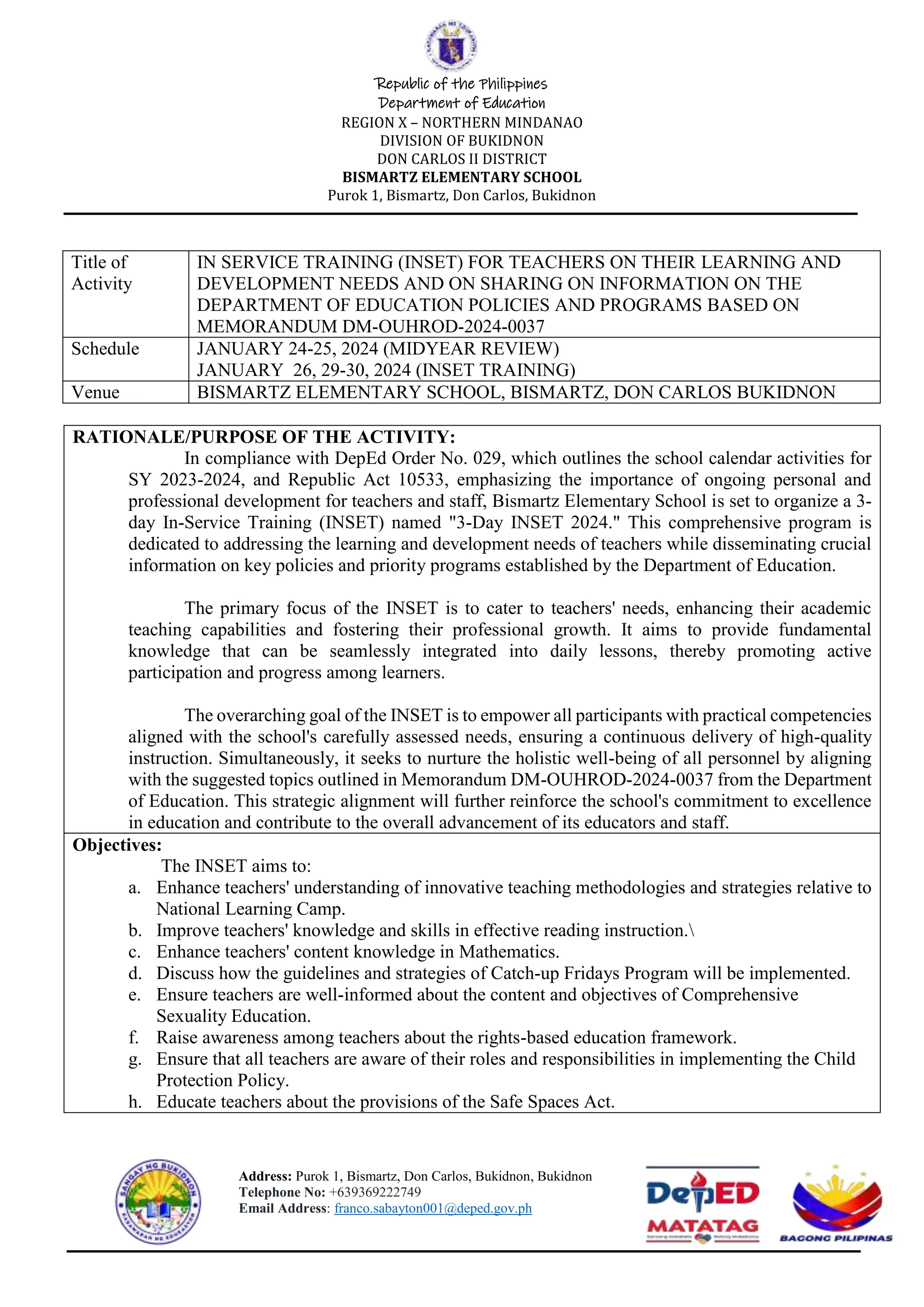 INSET Training Design and Matrix.docx